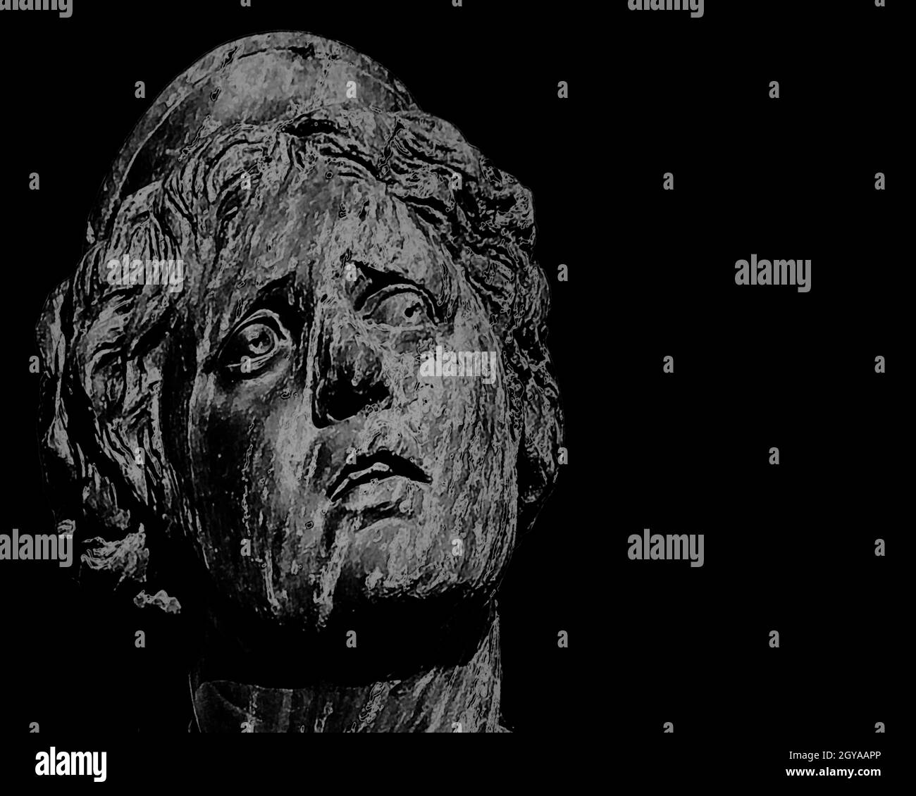 Creepy style woman head with scary expression over black background ...