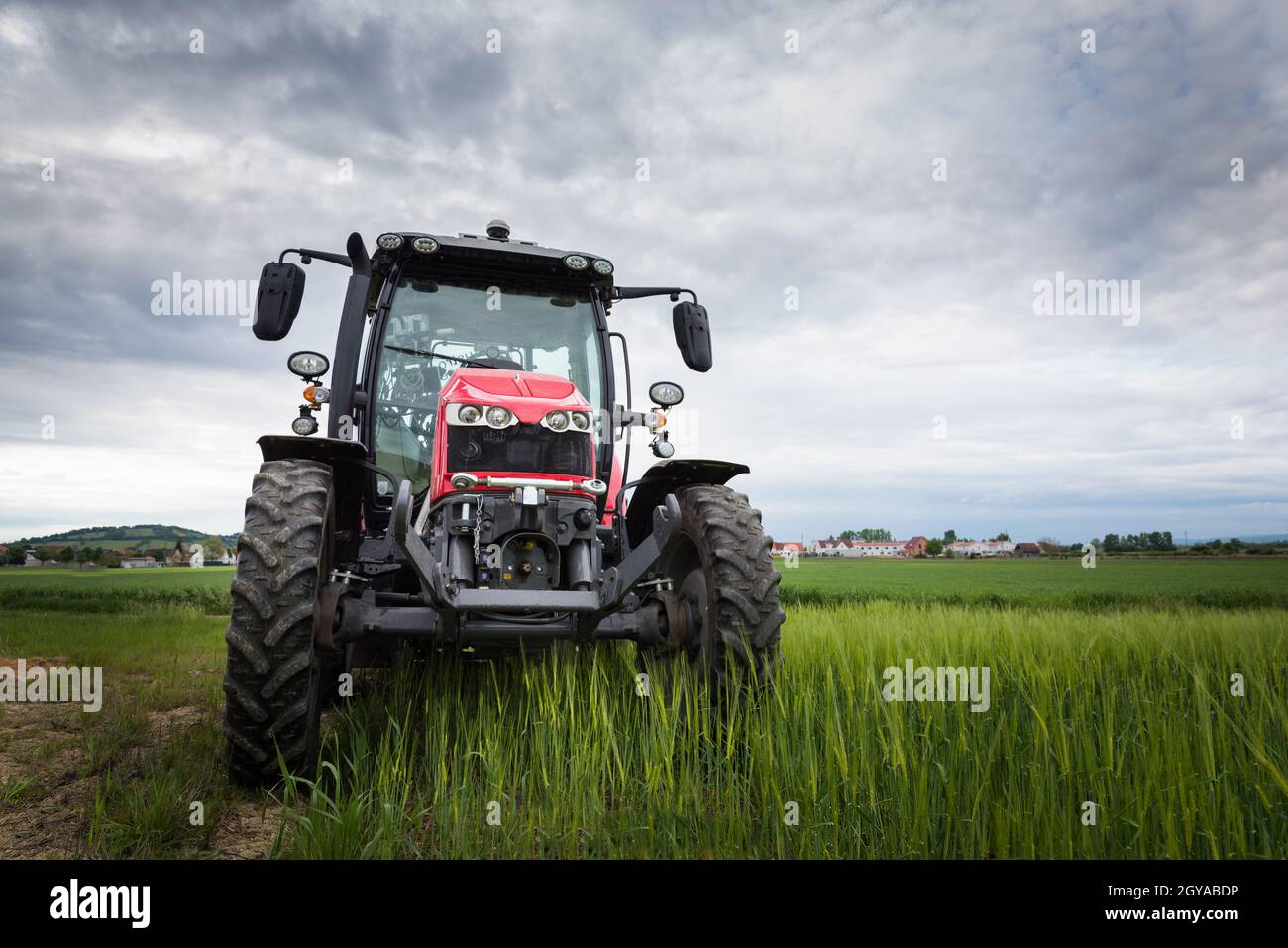 Tractor on a spring wheatfield Stock Photo - Alamy