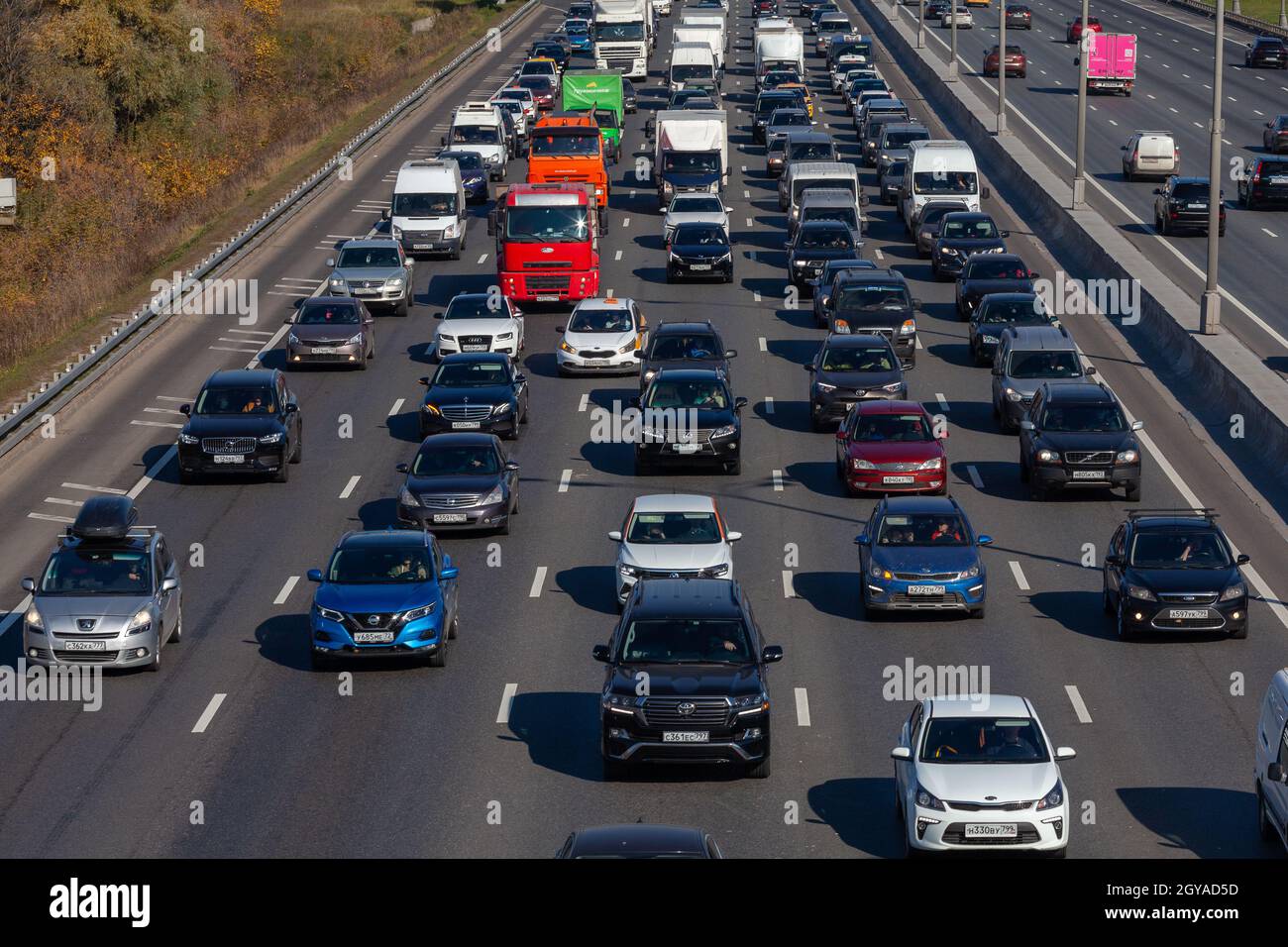 MOSCOW, RUSSIA - OCTOBER 06, 2021: Many kilometers traffic jam of cars ...