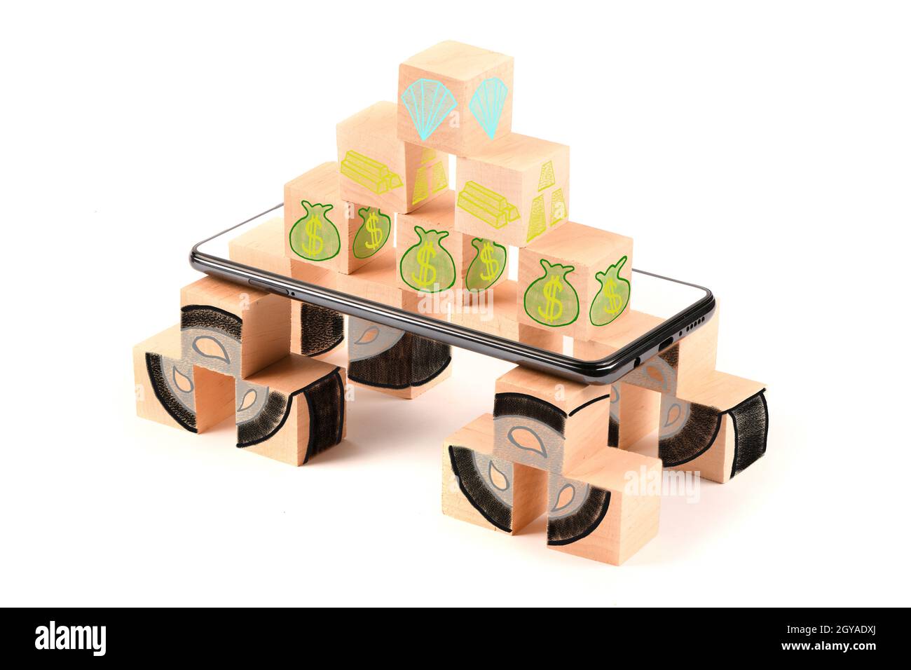 Black mobile smartphone and wooden cubes. Smartphone with blank screen ...