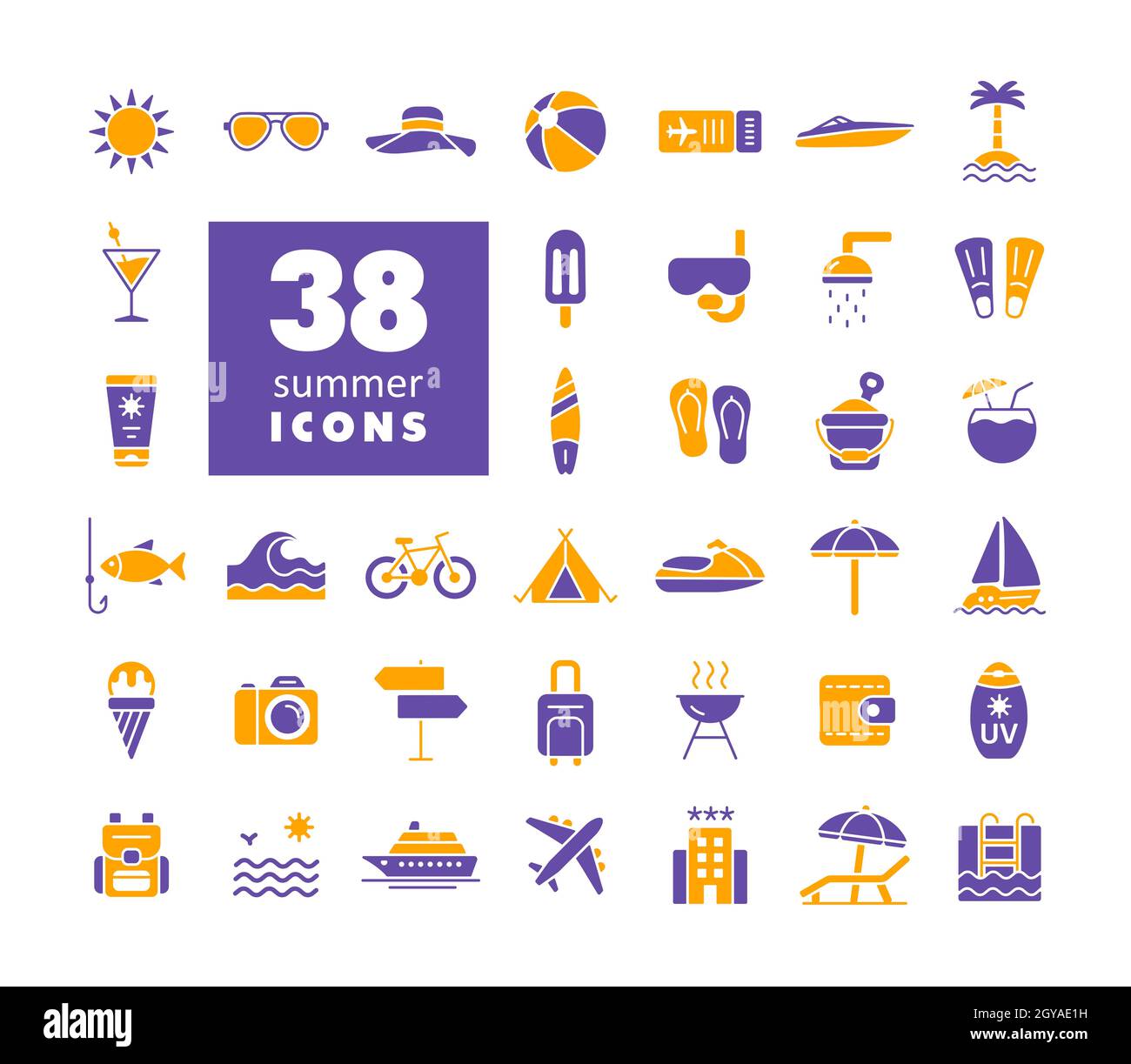 Summer vector glyph icons set. Summertime sign. Graph symbol for travel ...