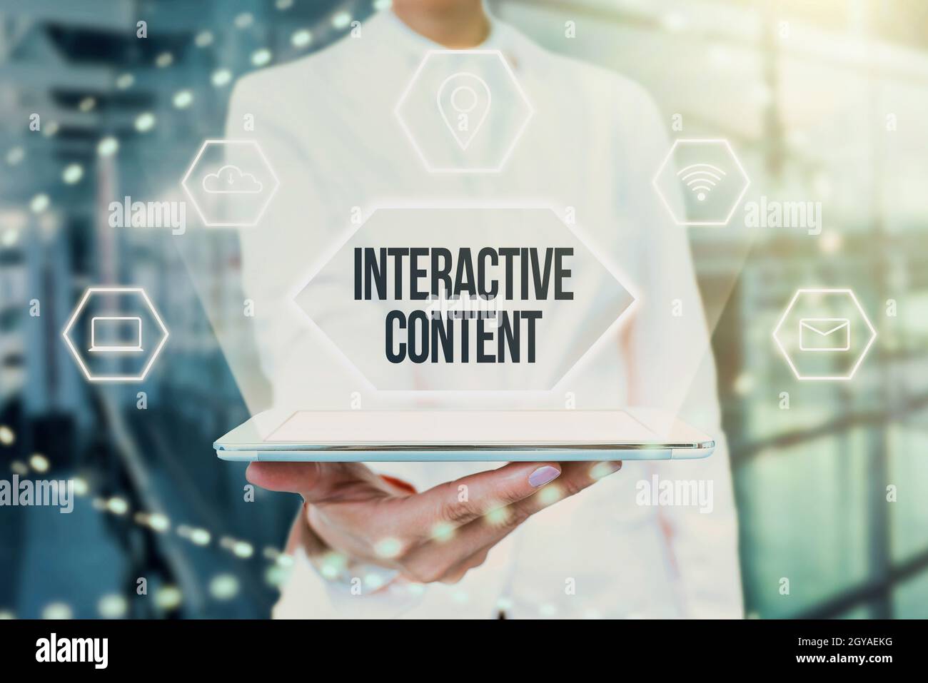 Text sign showing Interactive Content, Word Written on It requires the ...