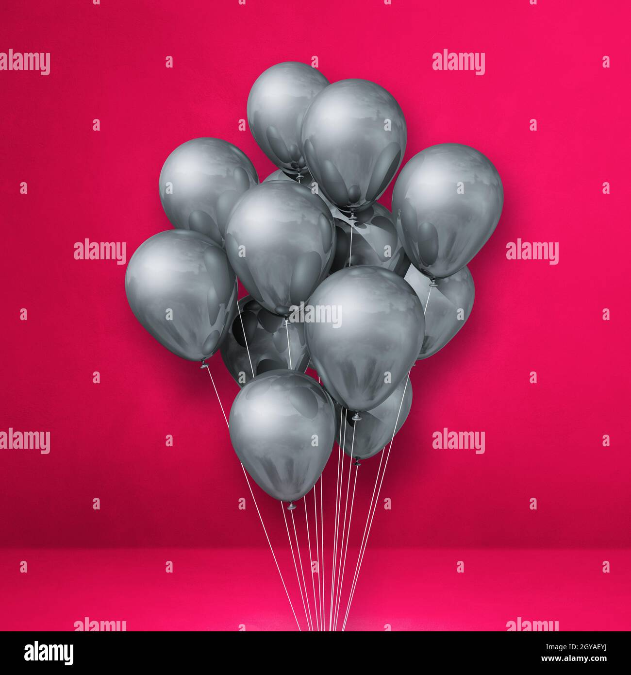 Silver balloons bunch on a pink wall background. 3D illustration render ...