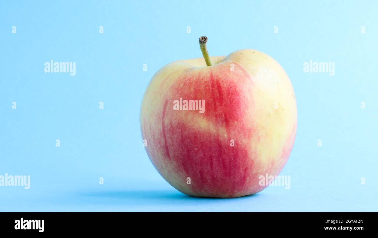 One beautiful, appetizing and fresh apple on a blue background. Healthy ...