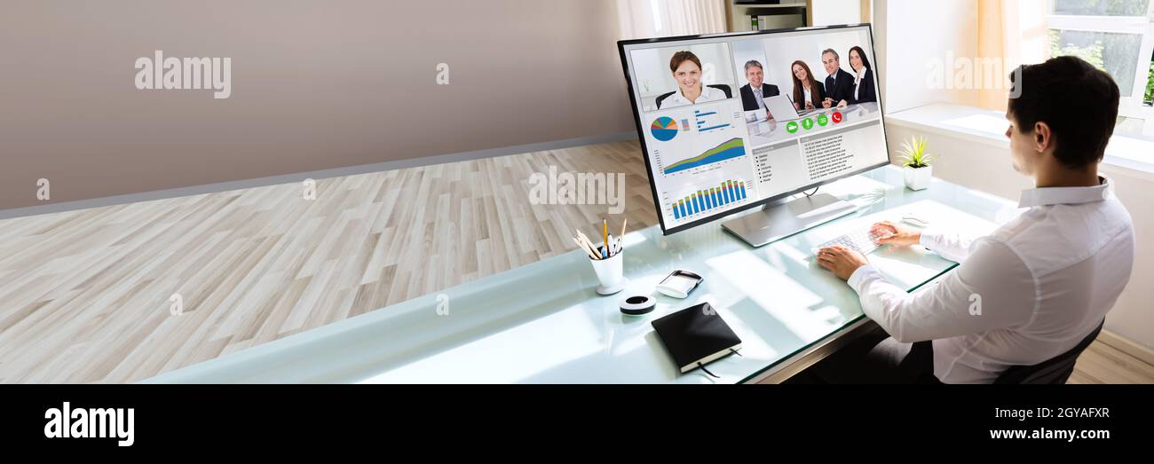 Virtual Conference Meeting In Office Room On Hybrid Convertible Laptop ...