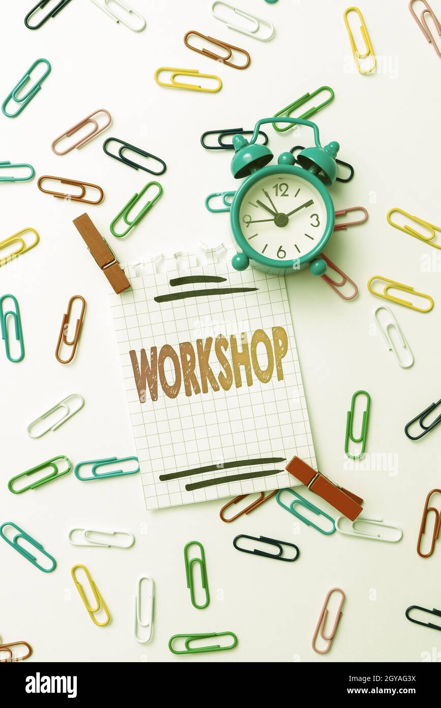 Sign displaying Workshop, Word Written on space or a building where the ...