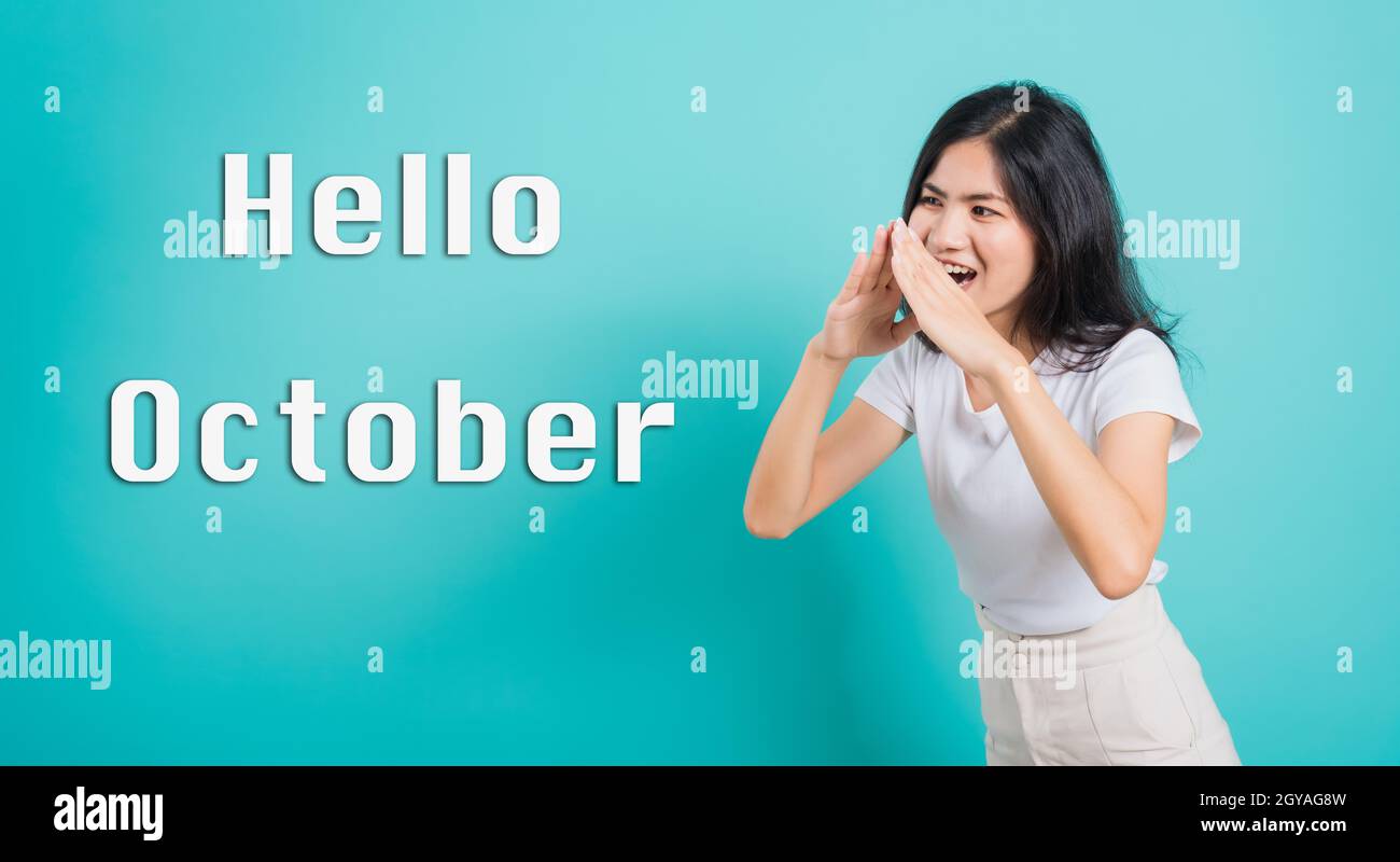 Hello October, Portrait Asian beautiful happy young woman smile white ...