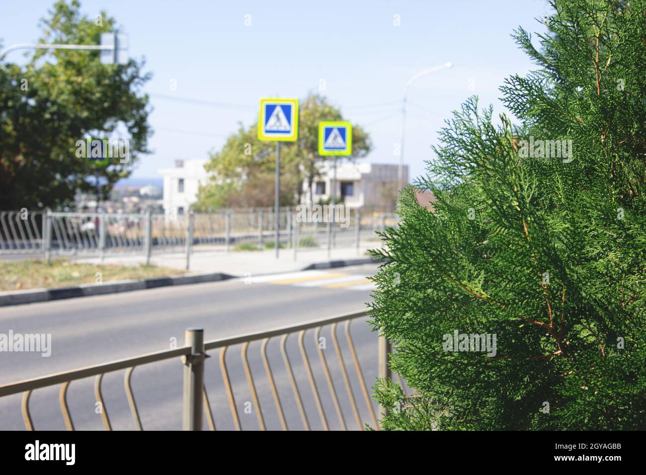 Pedestrian crossing sign on the track. Selective focus Stock Photo - Alamy