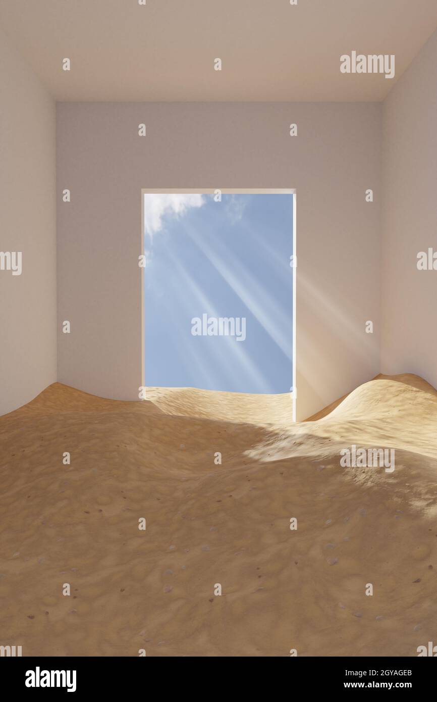 White empty space filled with desert sand, rays of sunlight fall ...