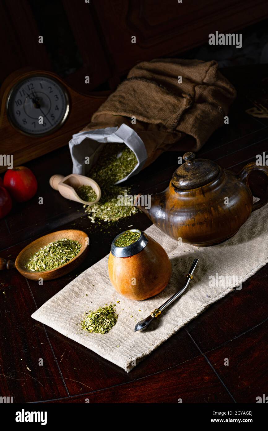 Prepare yerba mate with calabash and bombilla Stock Photo - Alamy