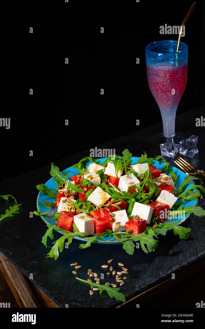 Watermelon Salad with Rocket And Feta Cheese Stock Photo - Alamy
