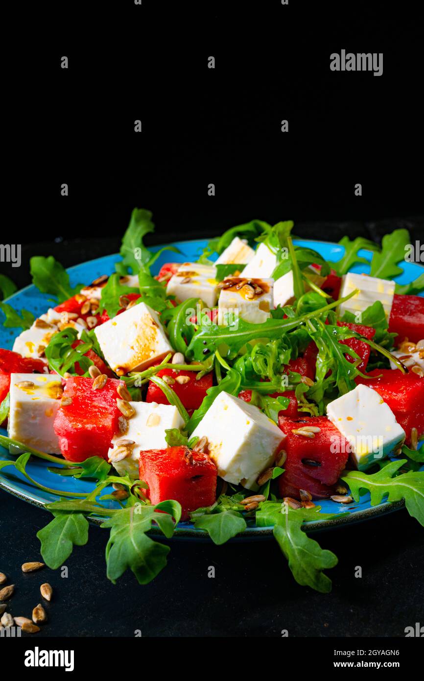 Watermelon Salad with Rocket And Feta Cheese Stock Photo - Alamy