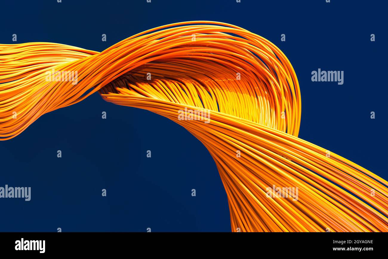 fiber optic cables orange color on a blue background. 3d render Stock ...