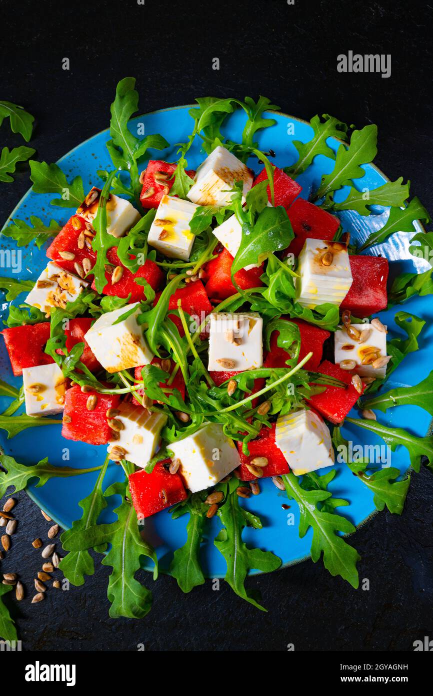 Watermelon Salad with Rocket And Feta Cheese Stock Photo - Alamy