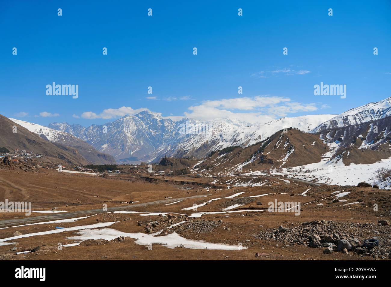 In a mountain valley, a breathtaking landscape of giant covered ...