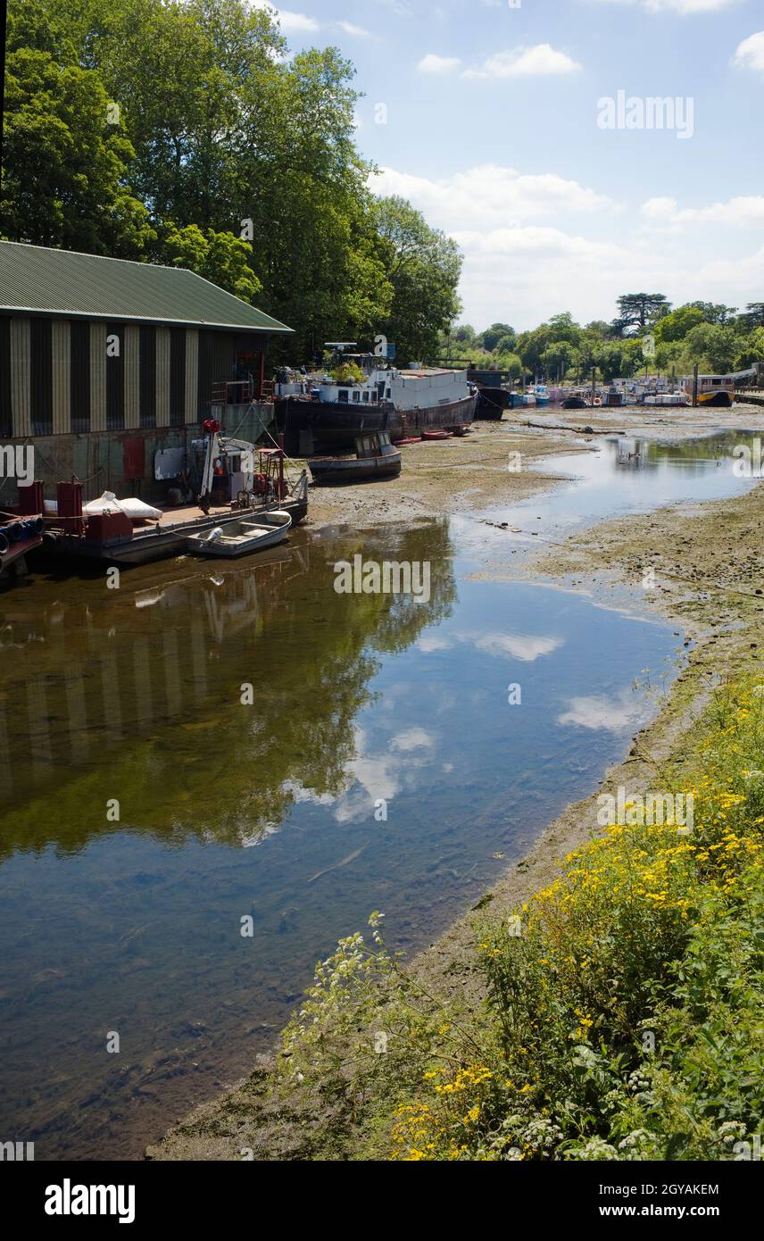 The boatyard at Isleworth Ait with the river Thames at an extreme low ...