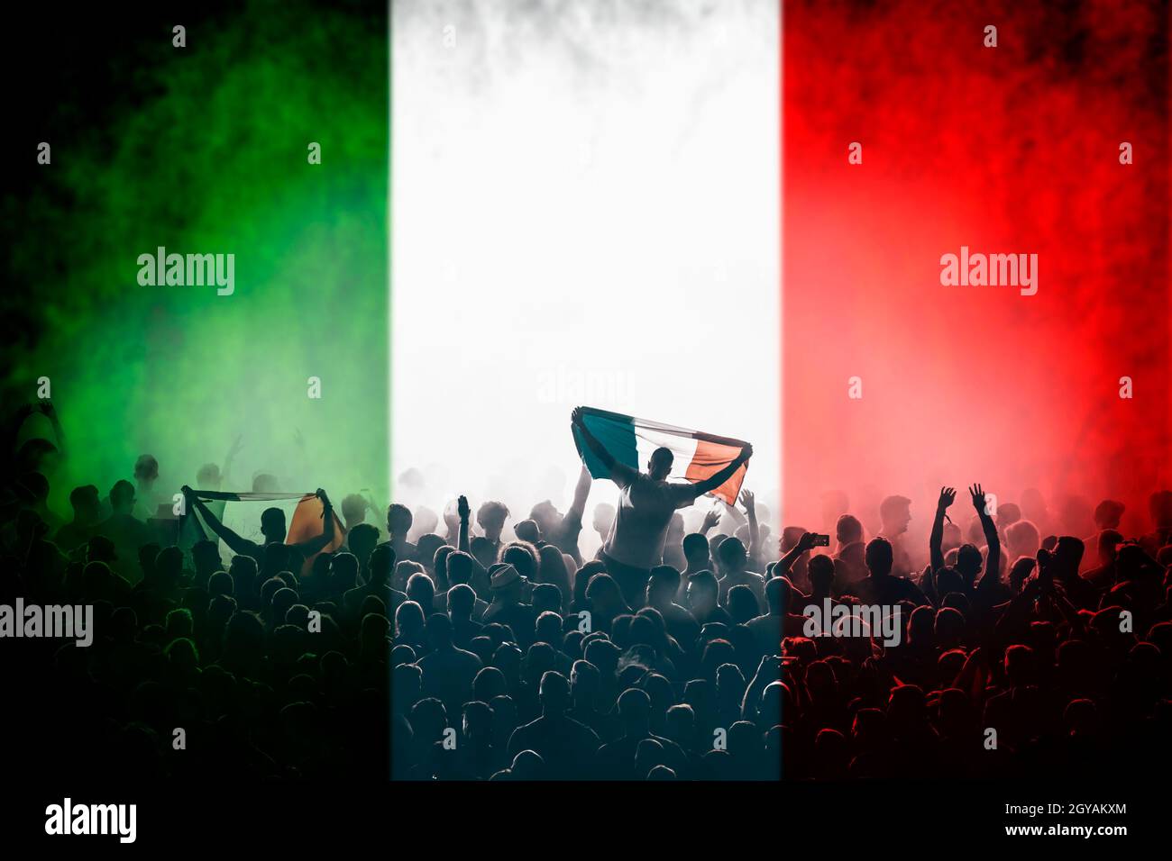 Soccer fans supporting Italy - crowd celebrating in stadium with raised ...