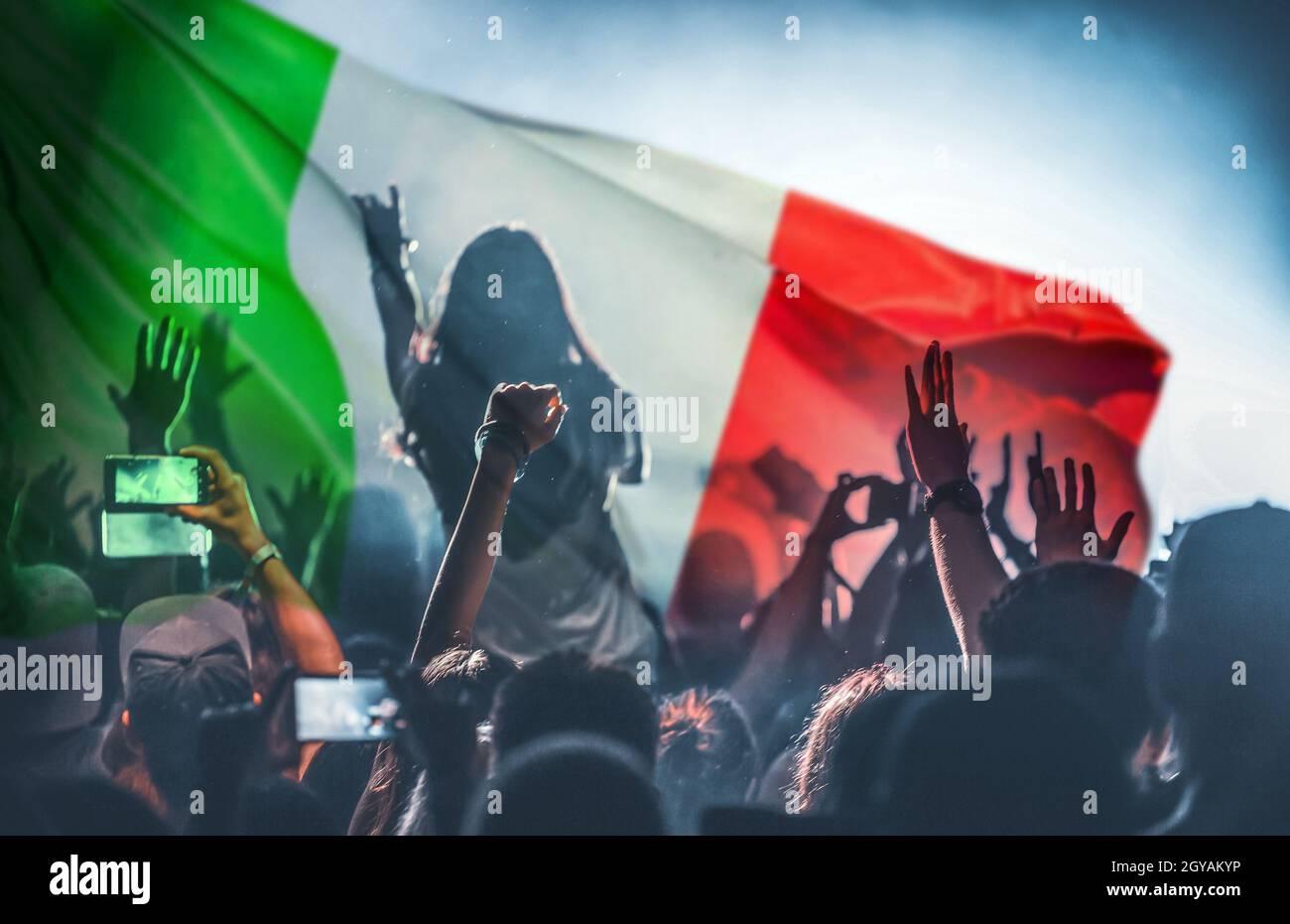 Football fans supporting Italy - crowd celebrating in stadium with ...