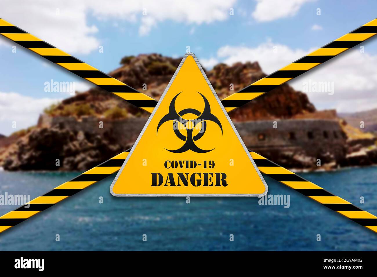 Beach closed due to Coronavirus, Covid19. Caution tape and danger sign ...