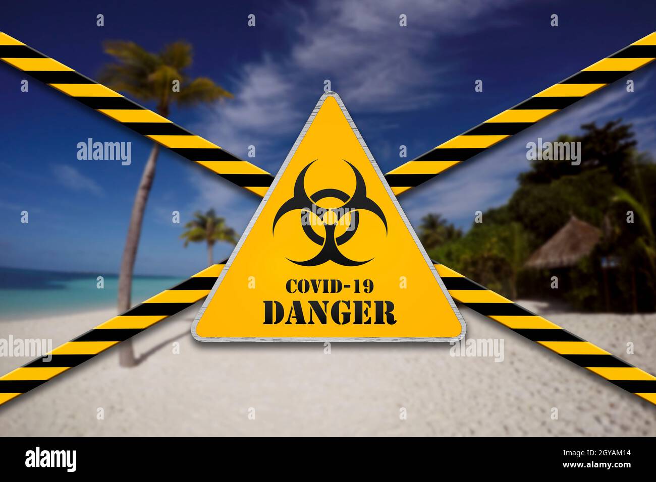 Beach closed due to Coronavirus, Covid19. Caution tape and danger sign ...