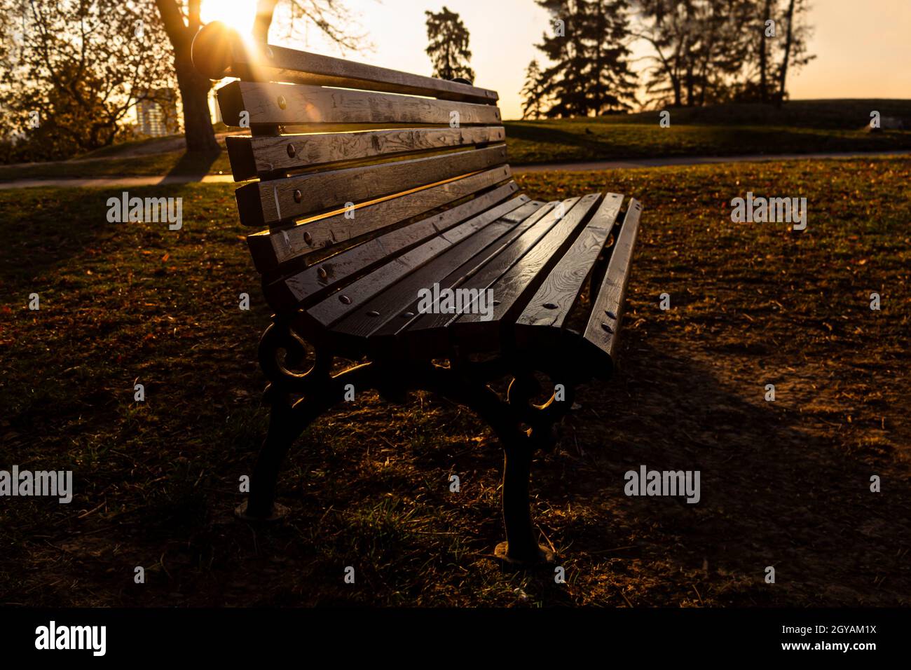Bench at sunset in autumn at city park shined by the sun. Golden hour ...