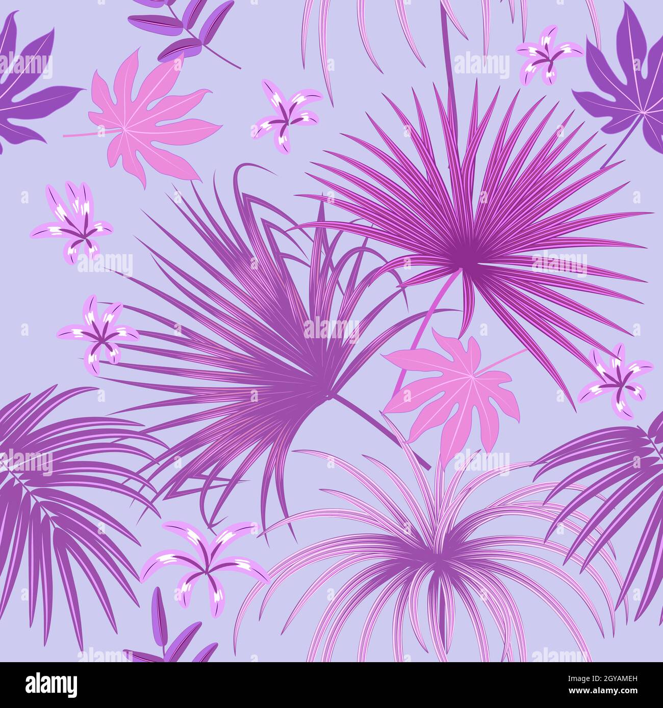 Seamless pattern of pink tropical leaves of palm tree and flowers ...