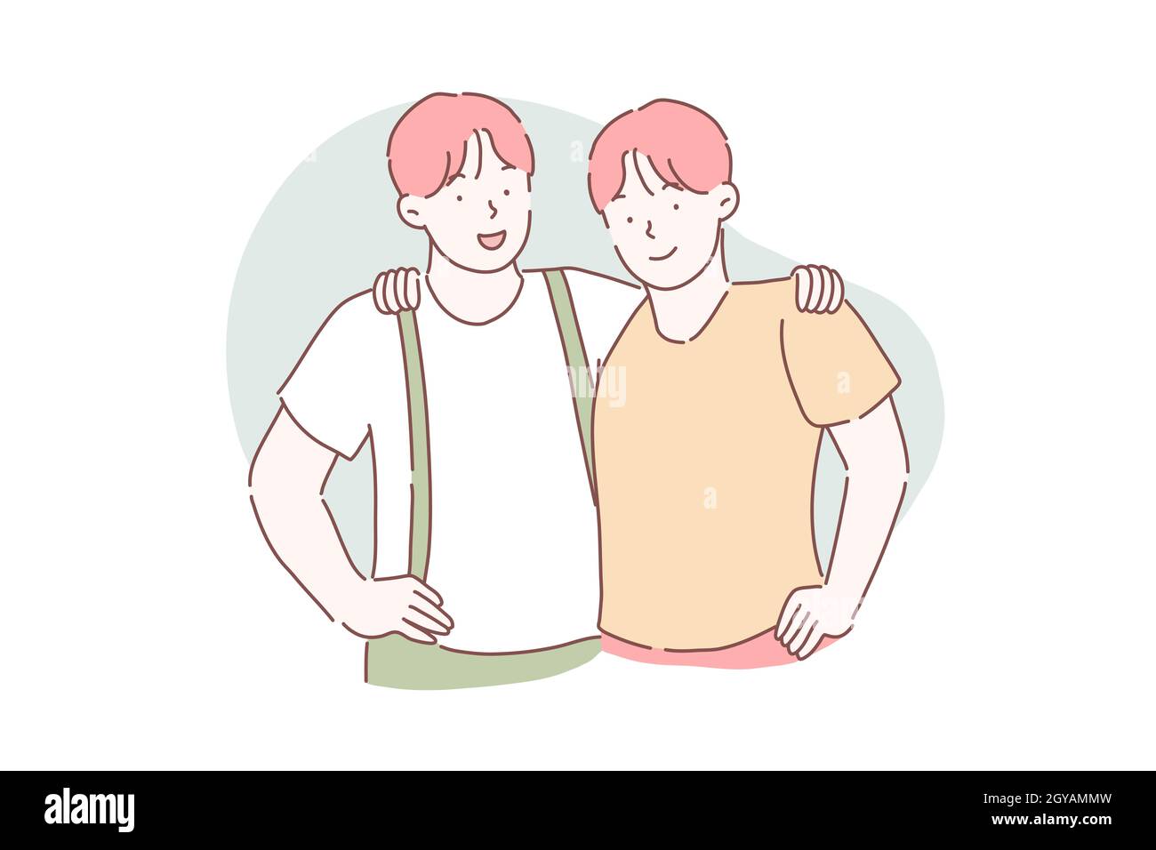 Brotherhood, friendship, partnership concept. Two twin brothers embrace ...