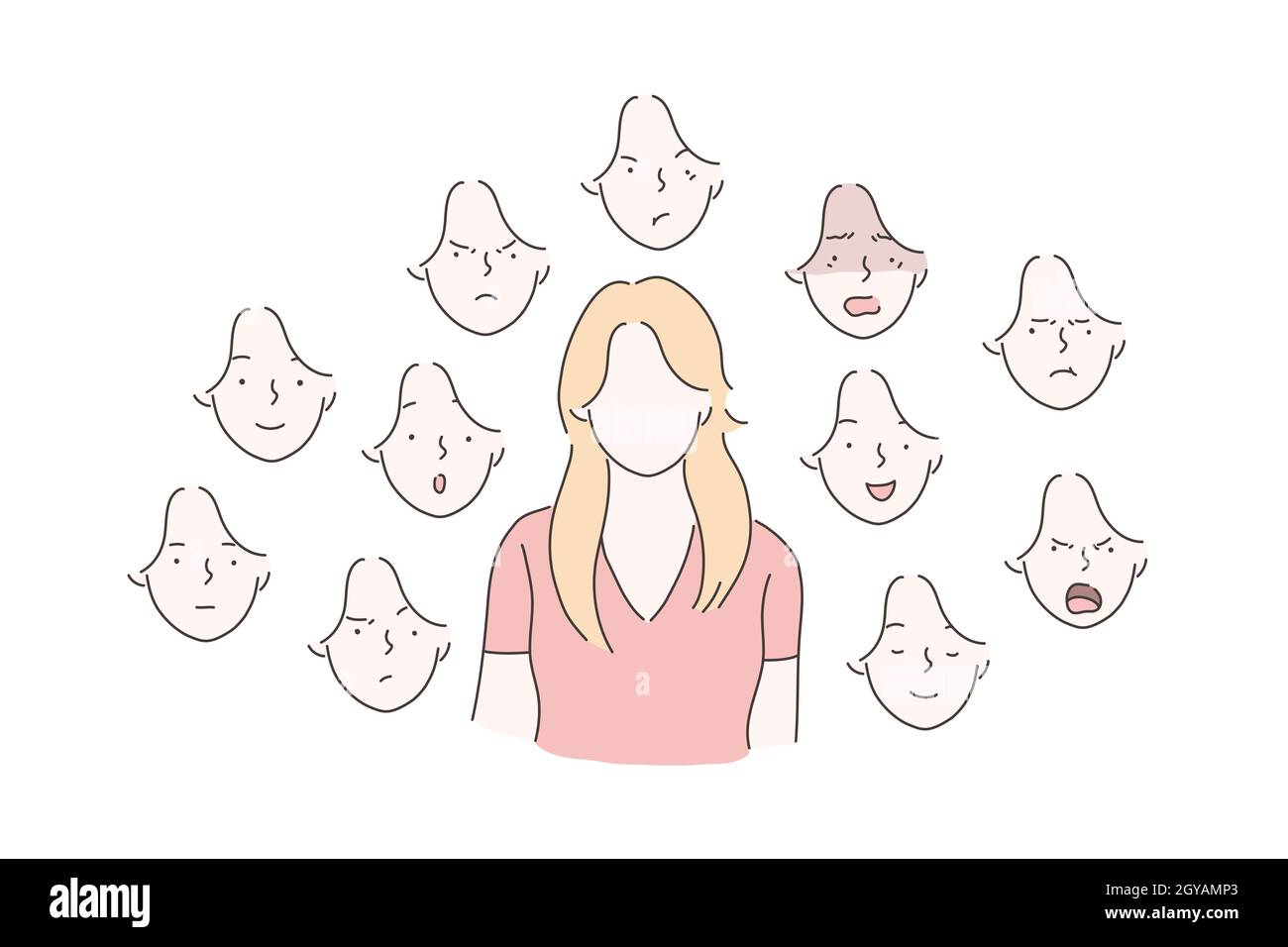 Set of woman emotions concept. Young girl with surprised, angry, scared ...