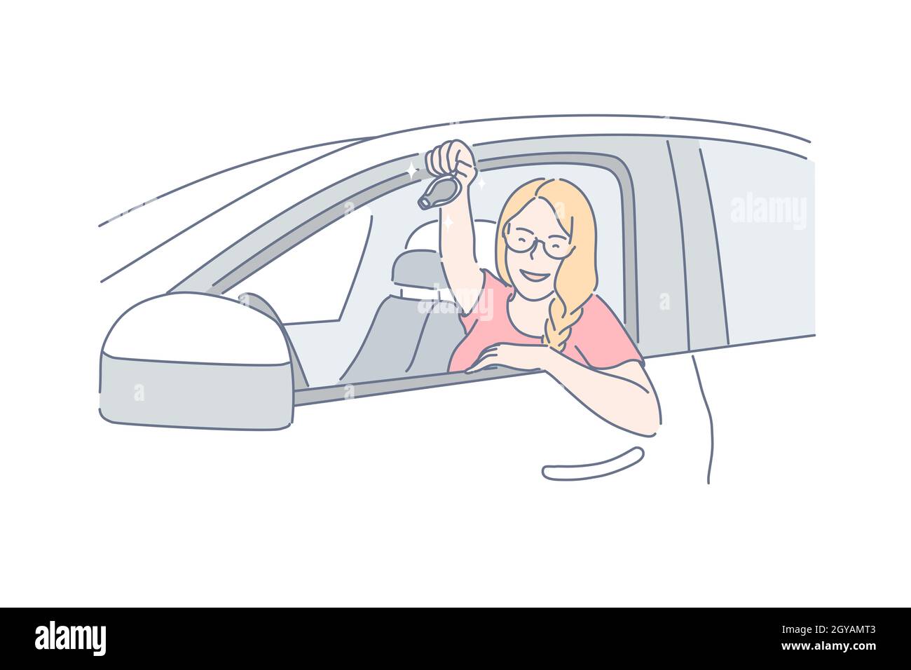 Car, buy, passing driving concept. Young cheerful woman passed her ...