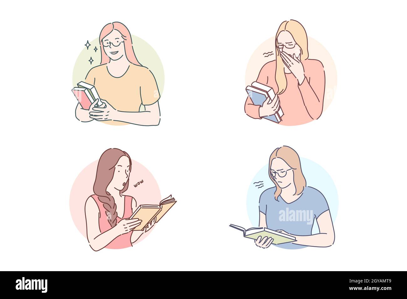 Reading interesting or boring book set concept. Woman yawns, reading ...