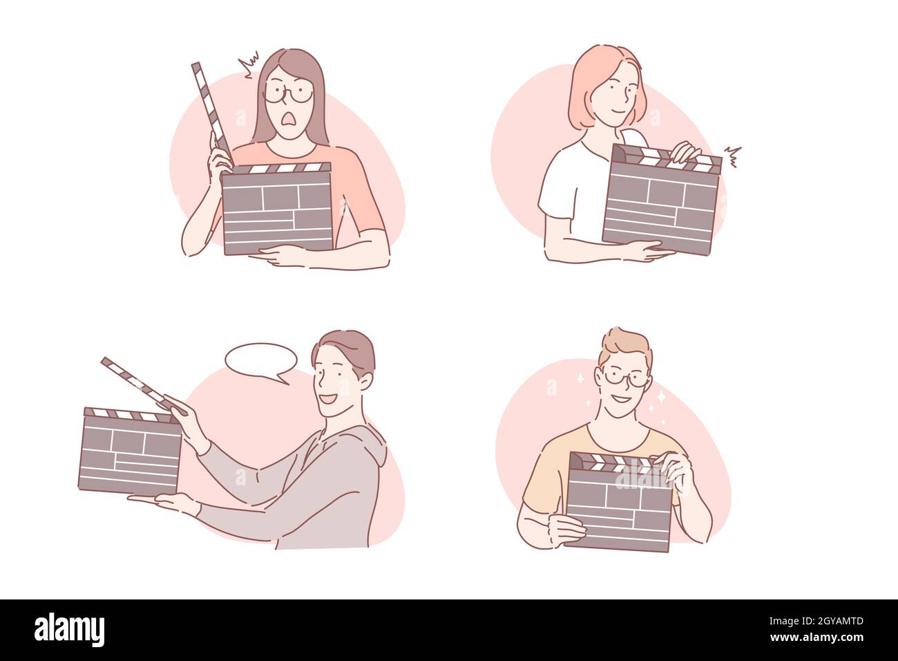 Shot, clapperboard, film production set concept. Young men and women ...
