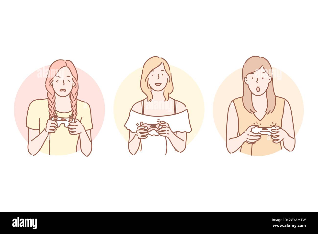 Gamer, playing, addiction set concept. Happy cheerful woman plays video ...