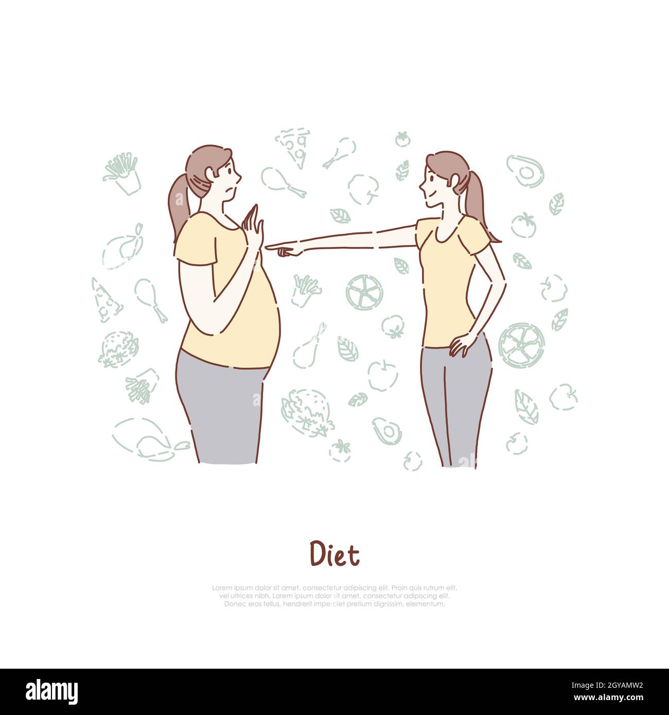 Fat and slim women, before and after, slender girl pointing finger at ...