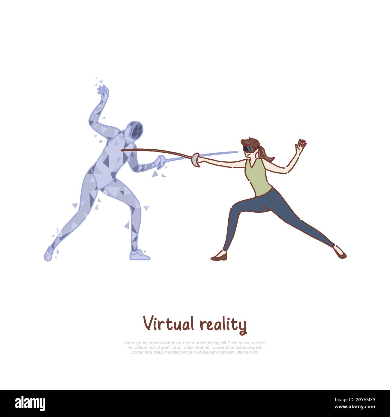 Swordplay simulation, woman in AR headset, fencer hologram holding epee ...
