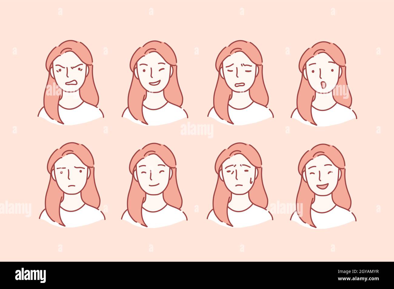 Beautiful woman portrait with different facial expressions set isolated ...