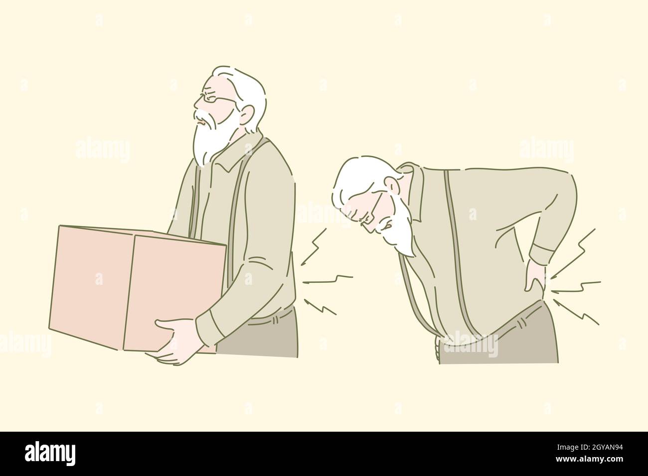 Weight lifting, back ache, healthcare concept. Senile disease, medical ...