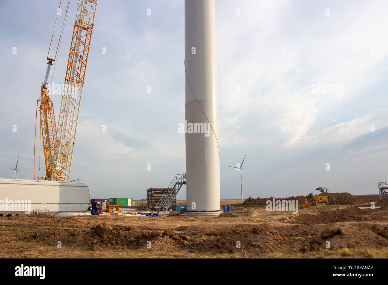Wind turbine construction site, installation of a windmill crane ...