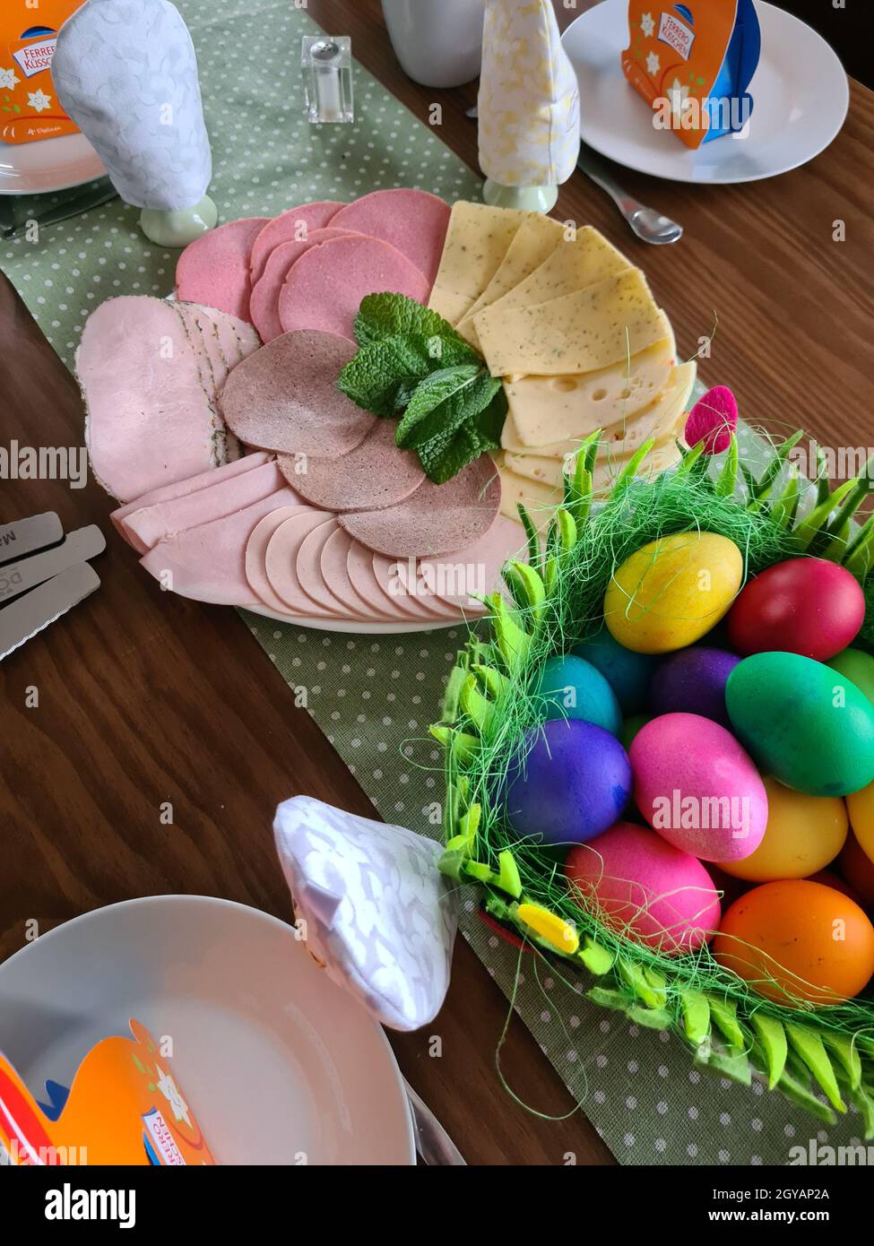 Traditional easter breakfast table with decorated eggs Stock Photo - Alamy