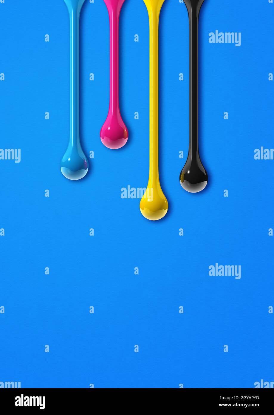3D cmyk ink drops isolated on blue paper background. Illustration Stock ...