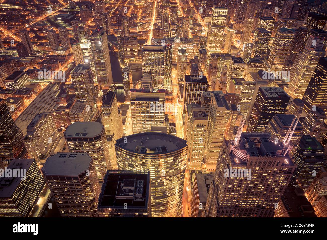 Aerial view of Chicago downtown at sunset from high above Stock Photo ...