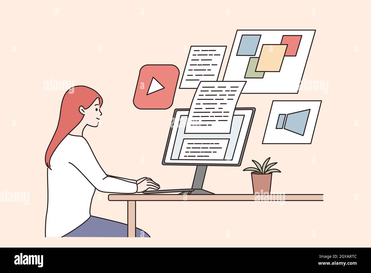 Creativity, remote work, freelance concept. Young smiling woman ...