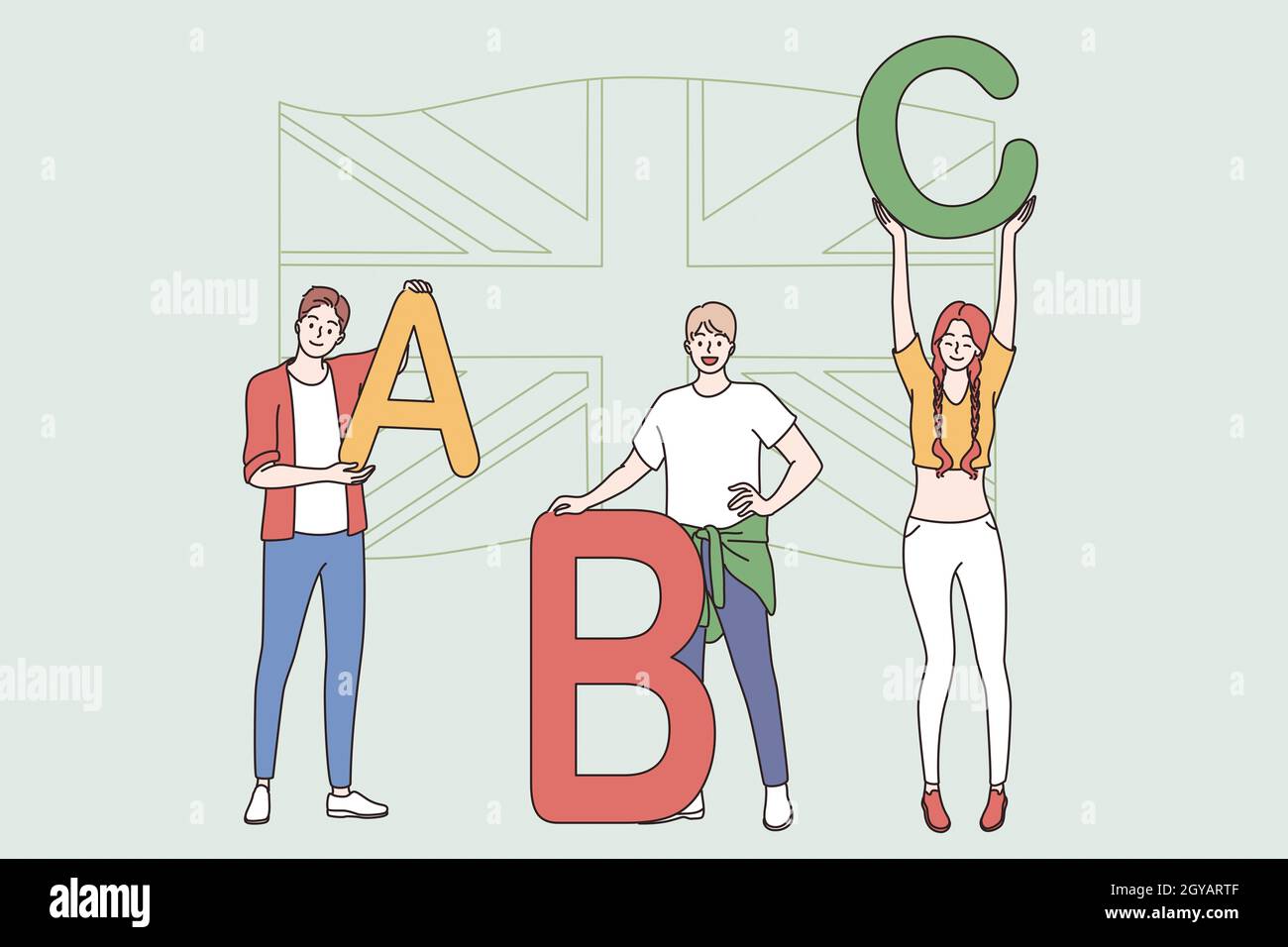 Education and English language lesson concept. Young smiling students ...