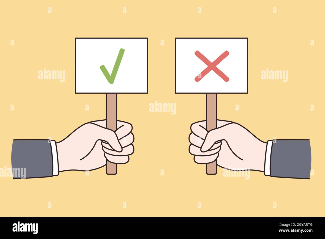 Correct and incorrect signs concept. Hands of people holding signs with ...