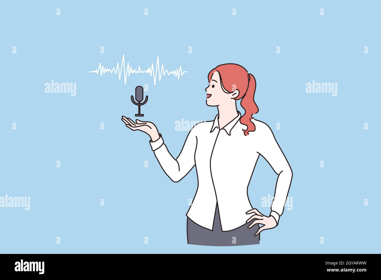 Voice assistant, speaker recognition concept. Smiling woman cartoon ...
