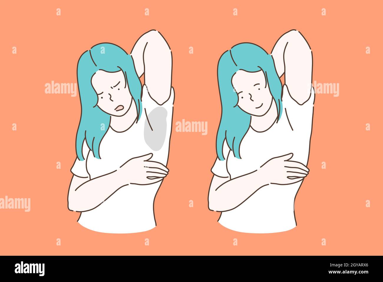 Sweat, hyperhidrosis, hygiene concept. Young woman or girl with a bad ...