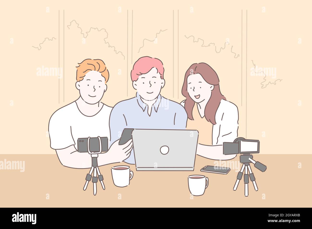 Vlogging, live streaming from laptop concept. Friends shooting vlog ...