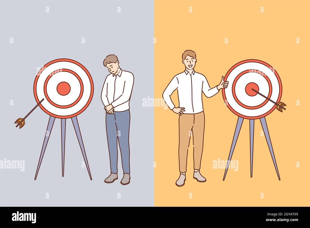 Business success and failure concept. Young smiling positive and sad ...