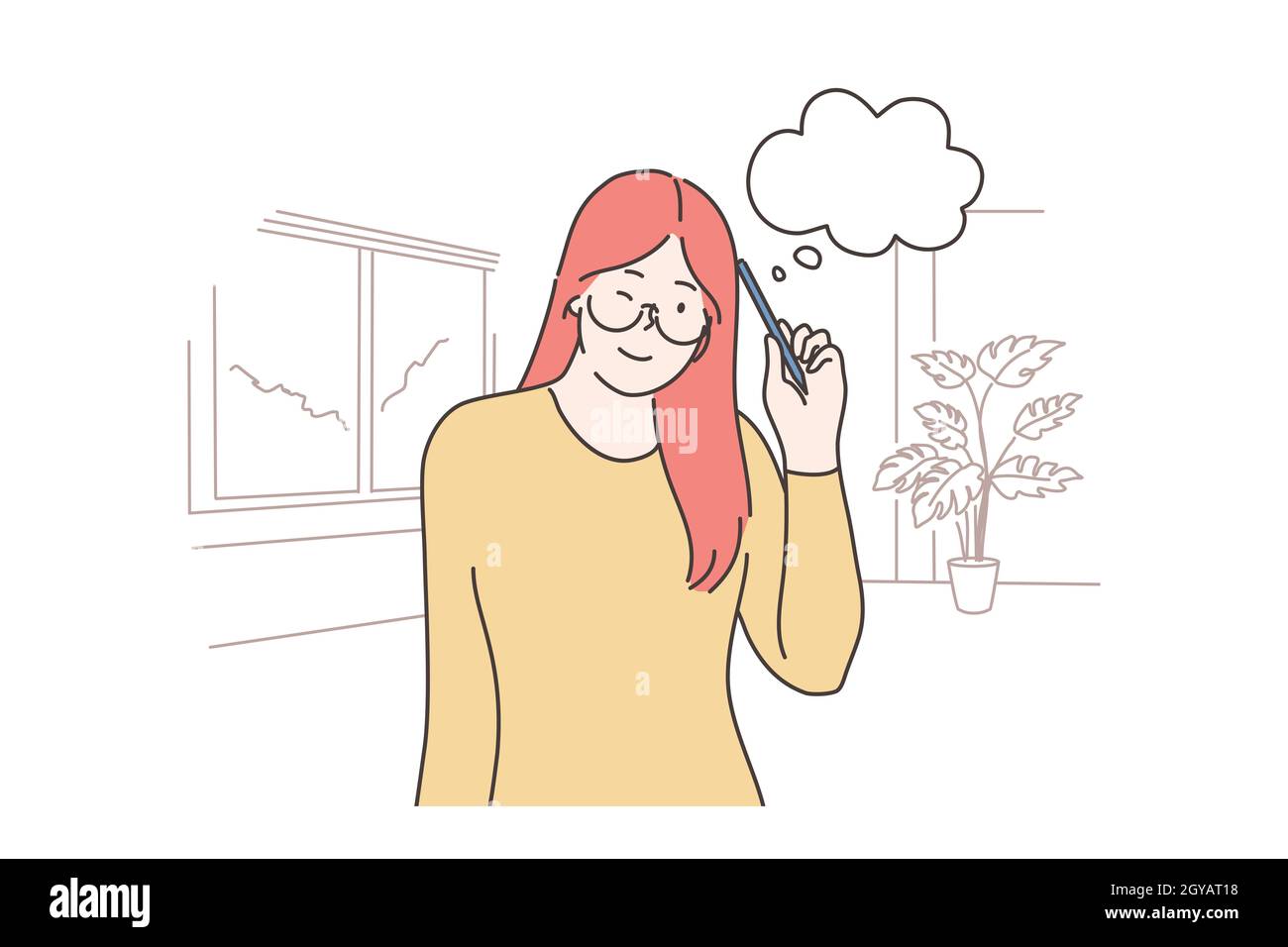 Thinking, idea, problem, search concept. Young smiling thoughtful woman ...