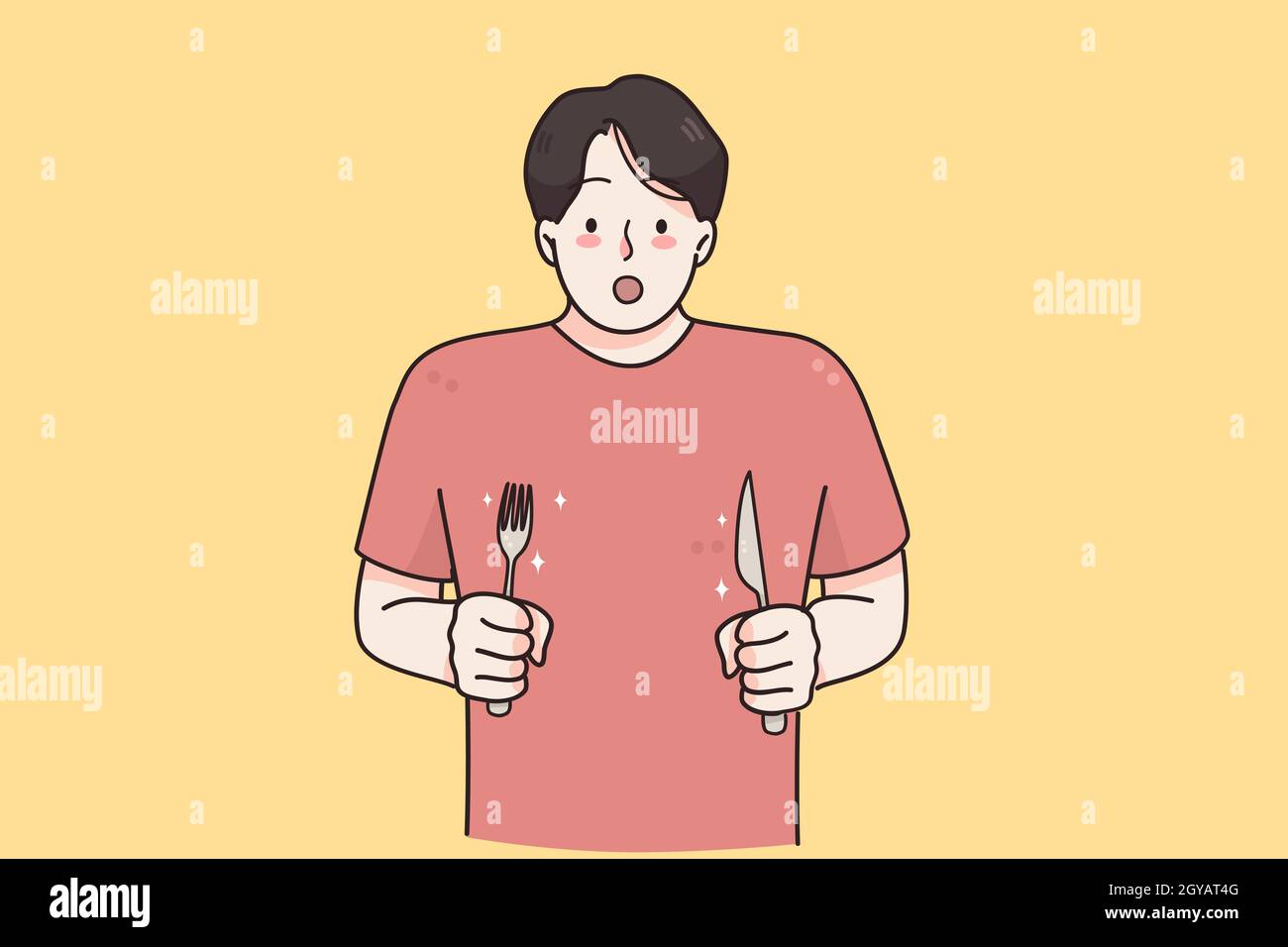 Hunger, appetite, surprise concept. Young hungry man cartoon character ...
