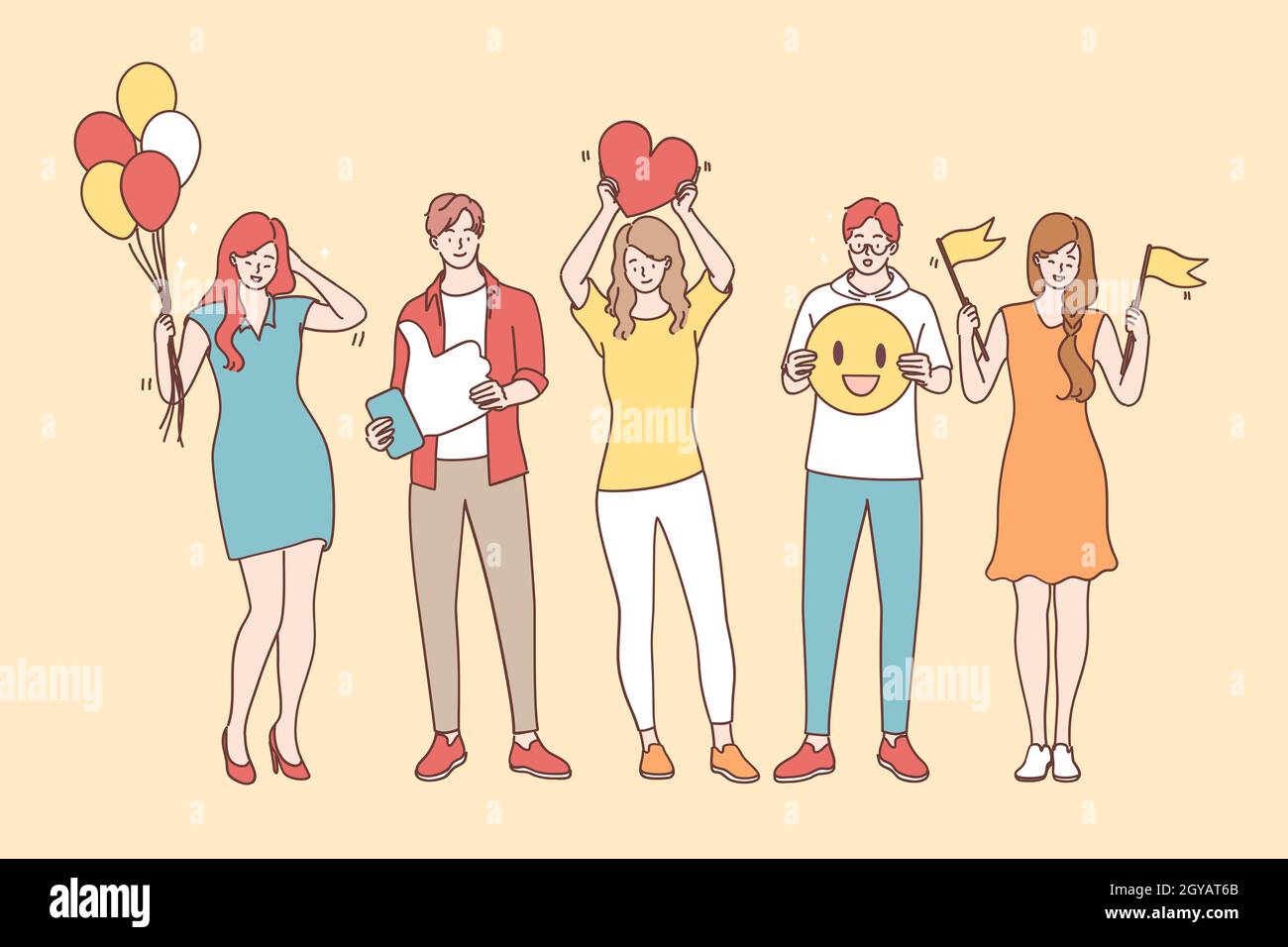 Positive thinking and emotions concept. Smiling happy young people ...